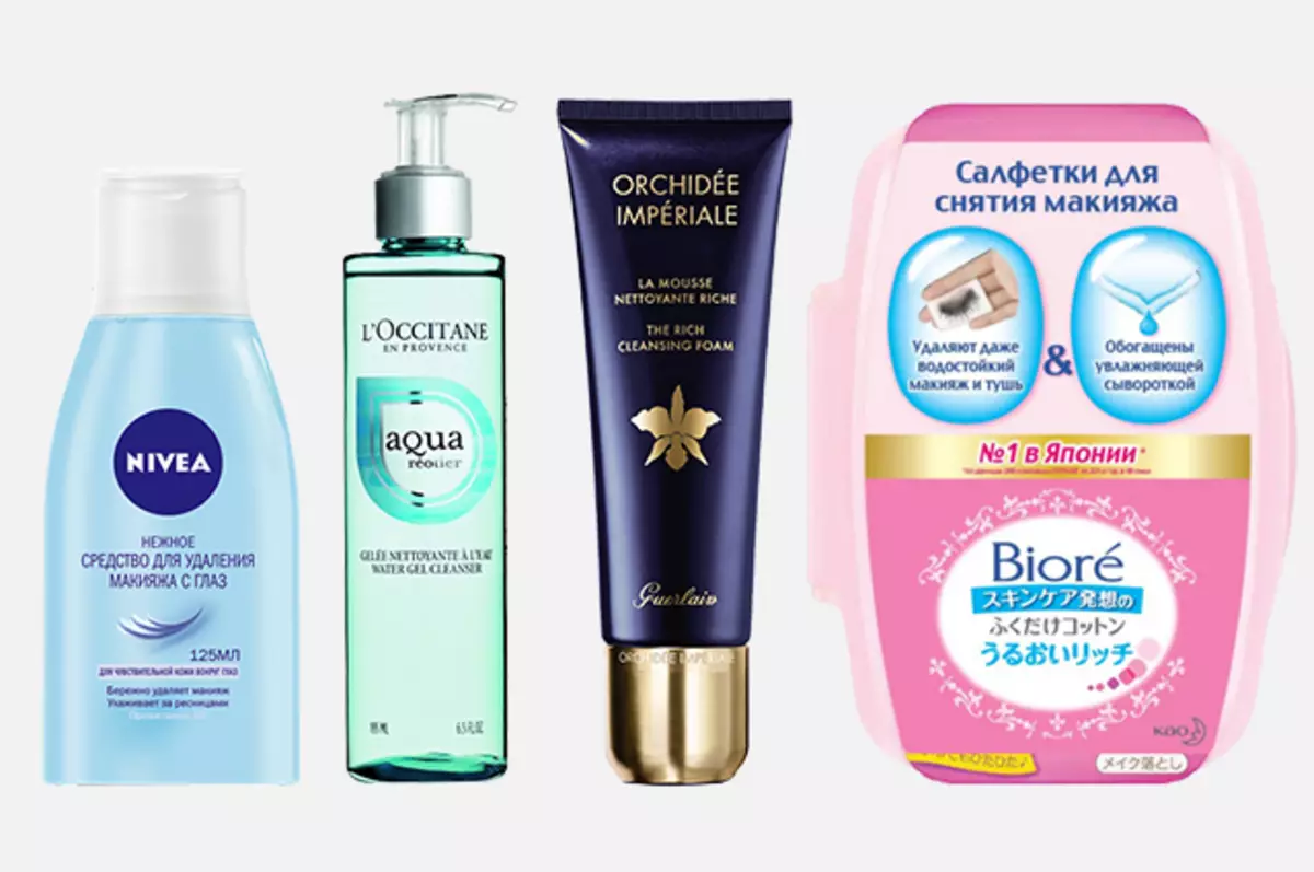 Gentag for at fjerne make-up makeup med Nivea Eye Cleansing Aqua Reotier Face Gel, L'Occitane, Rengøring Orchideeeeeee Imperiale, Guerlain, Biore Makeup Servietter