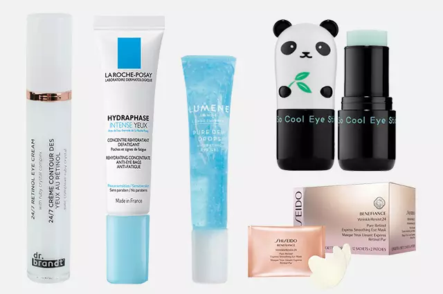 Øjenkontur creme med retinol og krystaller Rubin Dr. Brandt, Cream Gel til dehydreret Age Skin Hydraphase Intense Yeux, La Roche-Posay, fugtgivende gel til området omkring Lahde Eye, Lumene, Brighting Panda's Dream Eye Stick, Tony Moly, Mask Instant til øjenkontur baseret på ren retinol ren retinol udtrykke udjævning Øjenmaske, Shiseido