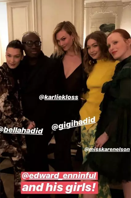 Bella Hadid，Edward Annful，Carly Clos，Jiji Hadid，Karen Elson